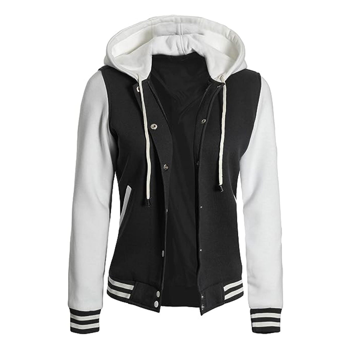Custom Black and White Hooded Varsity Jacket - Baseball Style | Wholesale