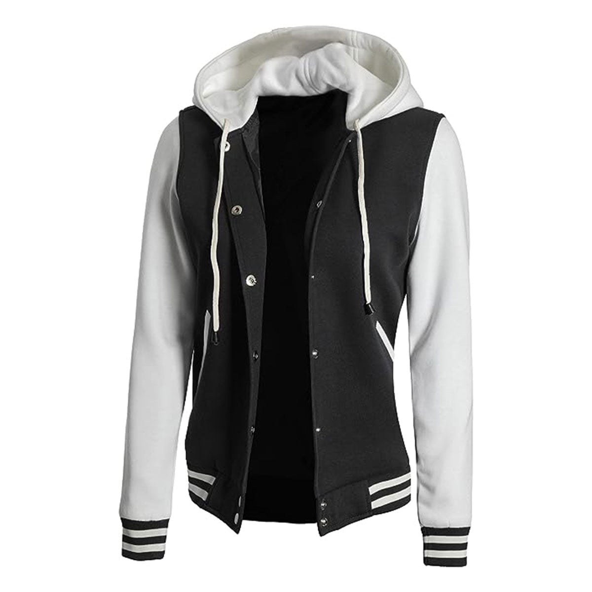 Custom Black and White Hooded Varsity Jacket - Baseball Style | Wholesale